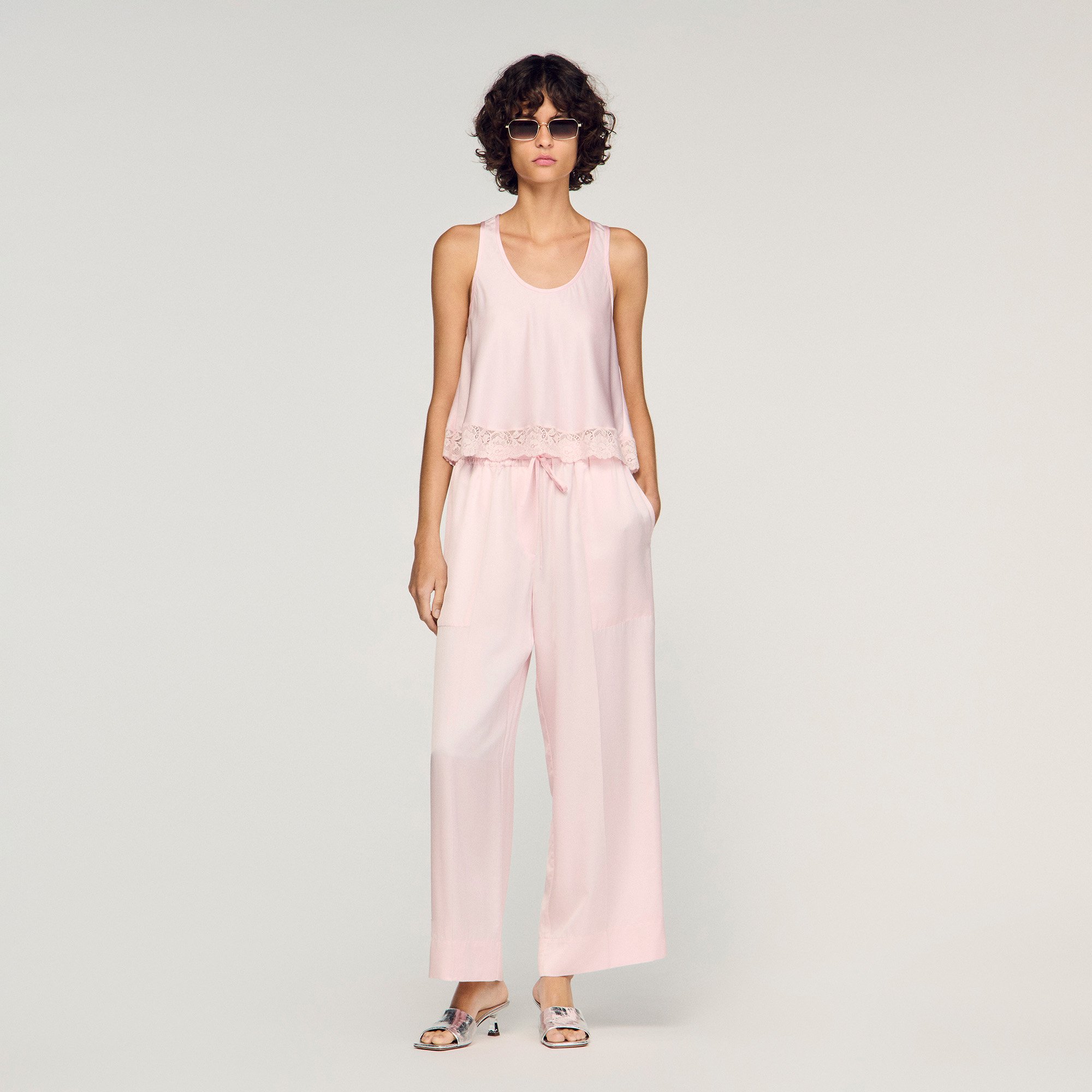 SANDRO Satin Top with Lace Trim